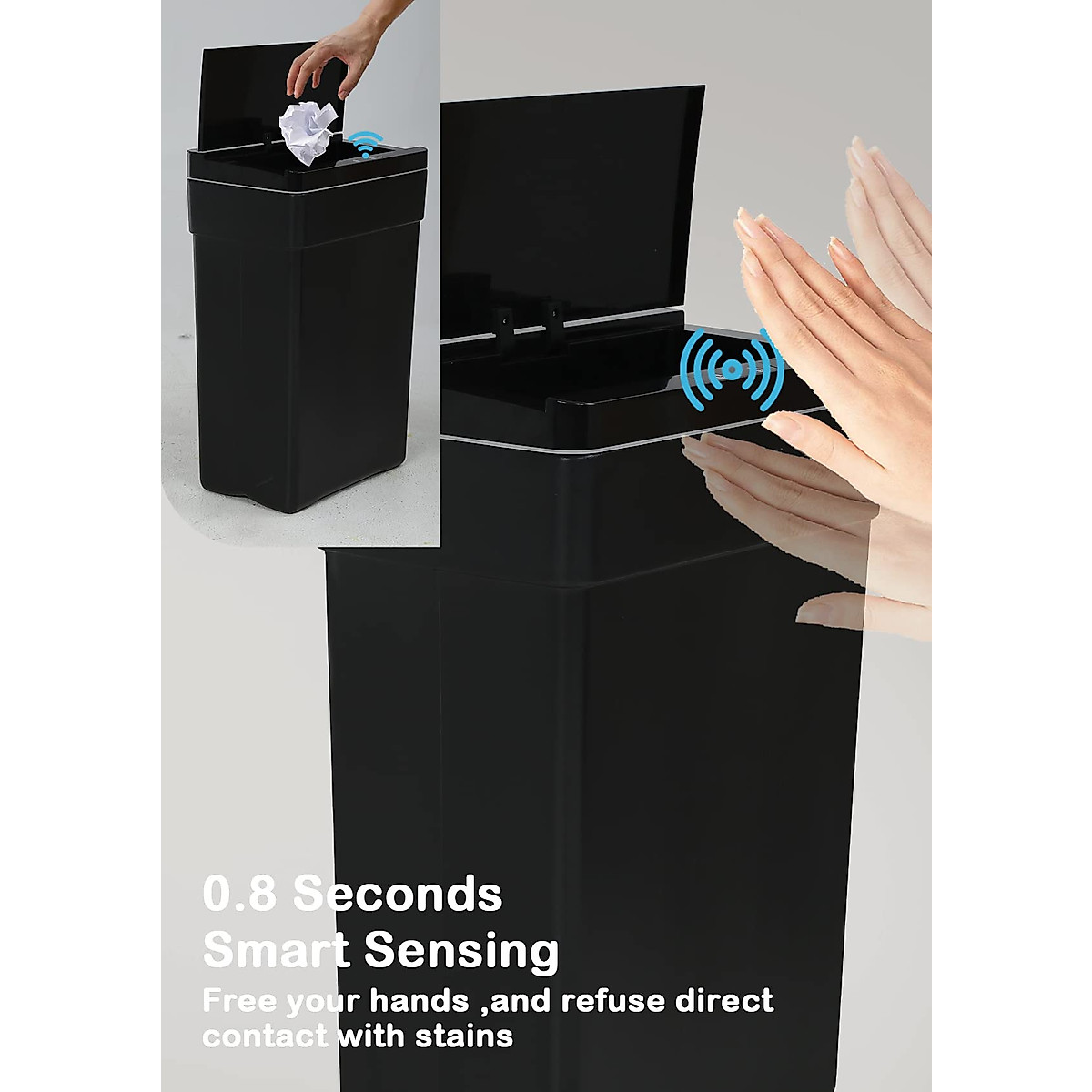 BIQWBIC 50 Liter Kitchen Trash Can with Lid, Automatic Trash Can Touchless Trash Can, 13 Gallon Garbage Can Plastic Trash Can Motion Sensor Trash Can for Kitchen Bedroom Office Bathroom, Black