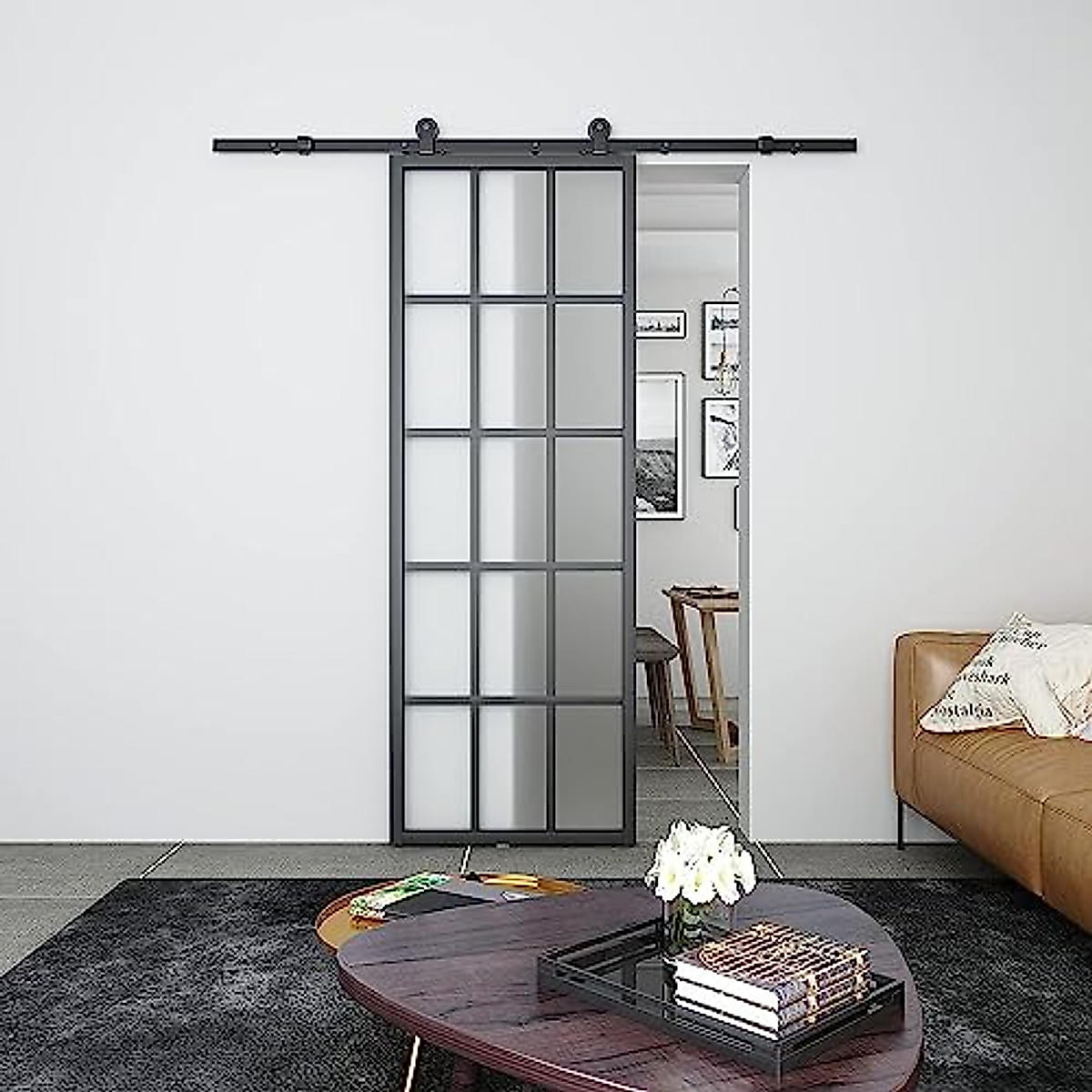 BARNSMITH 30in x 84in Frosted Glass Barn Door with 6FT Top Mounted Hardware kit Include Soft Close Mechanism DIY 15 Lites Modern Aluminum Frame Glass Sliding Barn Door Disassembled Easy Installation