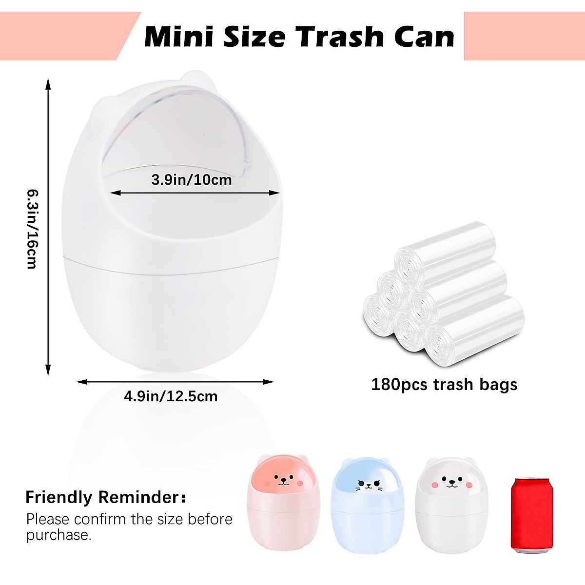 SHAIDOJIO 3 Pack Cute Desktop Trash Can with 180 Trash Bags, Creative Small Garbage Can with Flip Lid, Tiny Countertop Wastebasket for Kids, Kawaii Mini Desk Waste Bin for Bedroom, Bathrooms