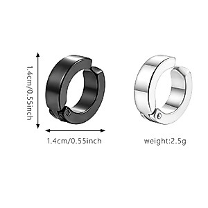 YUNXI 2 Pairs Black Silver Cuff Earrings for Men's Women Punk Rock Stainless Steel Circle Round Shape Design Hoop Earrings (2 Pairs- Silver+Black)