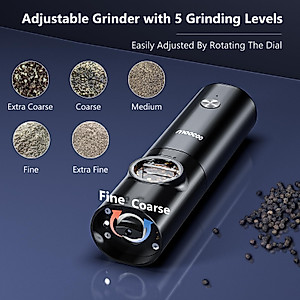 Moocoo Upgraded Electric Salt and Pepper Grinder Set with Fast Rechargeable Base & LED Light, Large Capacity, Adjustable Coarseness, Automatic One Hand Operated Salt Pepper Mill Grinder Refillable