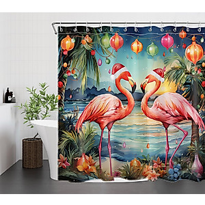 LB Tropical Christmas Shower Curtain Pink Flamingo with Xmas Hat on Beach Shower Curtain Palm Tree by Coastal Bathroom Shower Curtain Sets with Hooks Waterproof Washable Fabric,72x72 inch