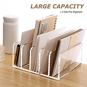SANRUI Acrylic Desk File Organizer Holder, 5 Upright Clear Desktop Mails Sorter Document Magazine Storage Organization Letter Folder Racks for Home, Office & Classroom