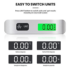 BAGAIL Digital Luggage Scale,110lbs Hanging Baggage Scale with Backlit LCD Display,Portable Suitcase Weighing Scale,Travel Luggage Weight Scale with Hook,Strong Straps for Travelers.(Silver with Temp）