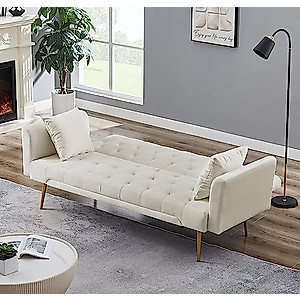 72"Modern Velvet Sofa Bed Futon,Convertible Folding Sleeper Bed Couches with 3 Adjustable Backrests,Tufted Recliner Love Seat with Golden Chrome Legs for Living Room Apartment Home Office (Beige)