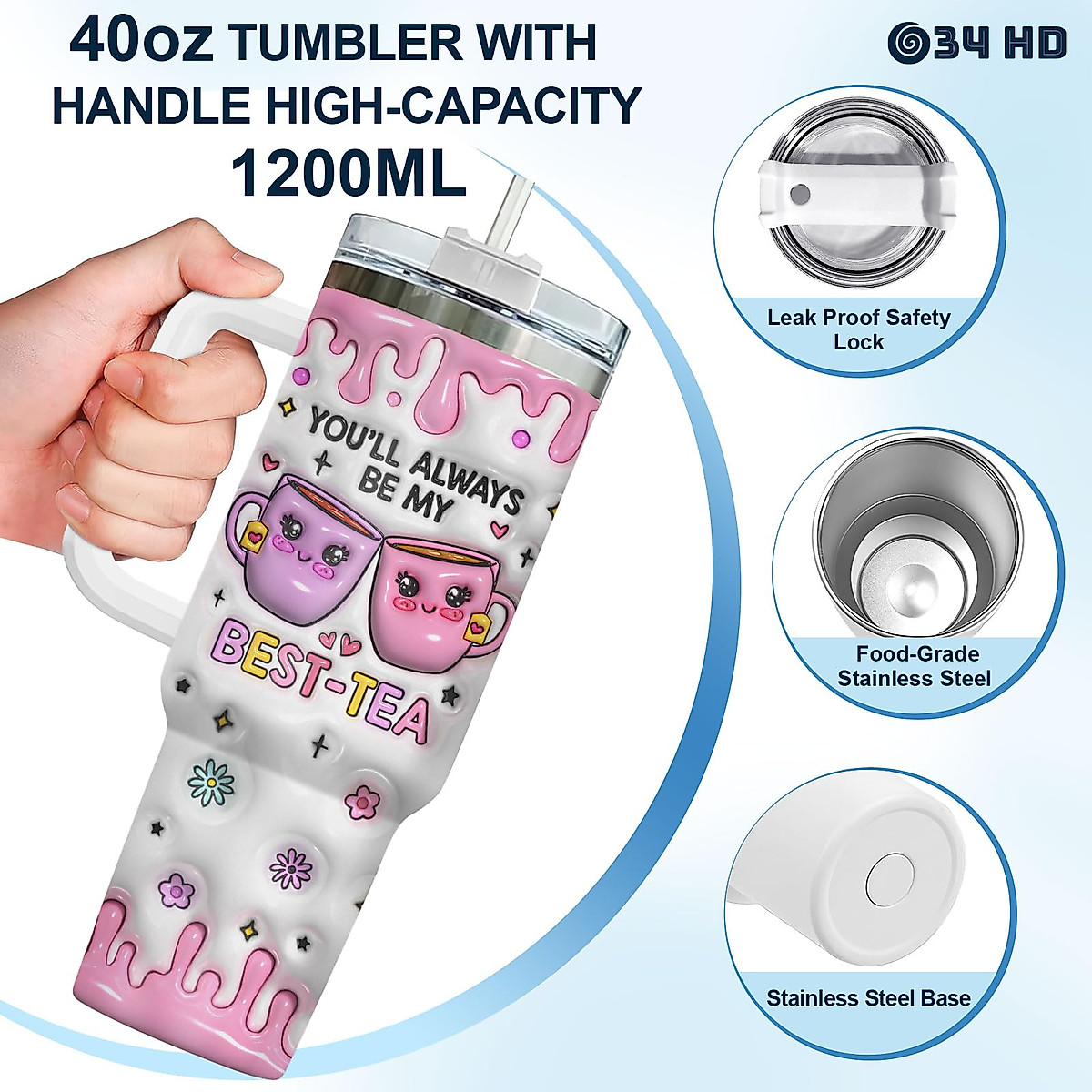 34HD Bestie Tumler with Handle & Straw, 40oz Stainless Steel Vacuum Insulated Best Friend Cup, Anniversary Christmas Birthday Gifts for Women Work Bestie Soul Sisters Best Friend