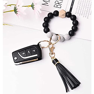 BAOSIWA Women Silicone Keychain Bracelet Beaded Wristlet Key Ring Black Bangle Chains with Leather Tassel