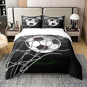 Boys Football Print Cotton Duvet Cover Set Queen Size Sports Theme Beding Set for Kids Teens Bedroom Decor Cool Modern Black White Soccer Design Comforter Cover Ball Game Competition Bedspread Cover