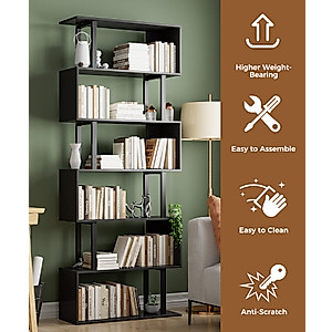 Gadroad 6 Tier Geometric Bookcase, Black Book Shelves, Modern Corner Bookcase Storage Shelf Wood for Bedroom, Living Room, Home Office, Black