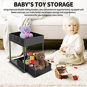 Kitchen Multi-Purpose Sink Organiser, Under Drawer Organiser, Under Sink Storage, 2 Tier Under Cabinet Organiser with Hooks and Cups, Cupboards, Bathrooms and Kitchens, Black