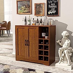 FROMJBEST Wine Bar Cabinet, Coffee Bar Cabinet with 2 Door and Shelf, Glass Holder, Accent Storage Cabinet, Buffet Sideboard for Dining Room, Kitchen (Brown)