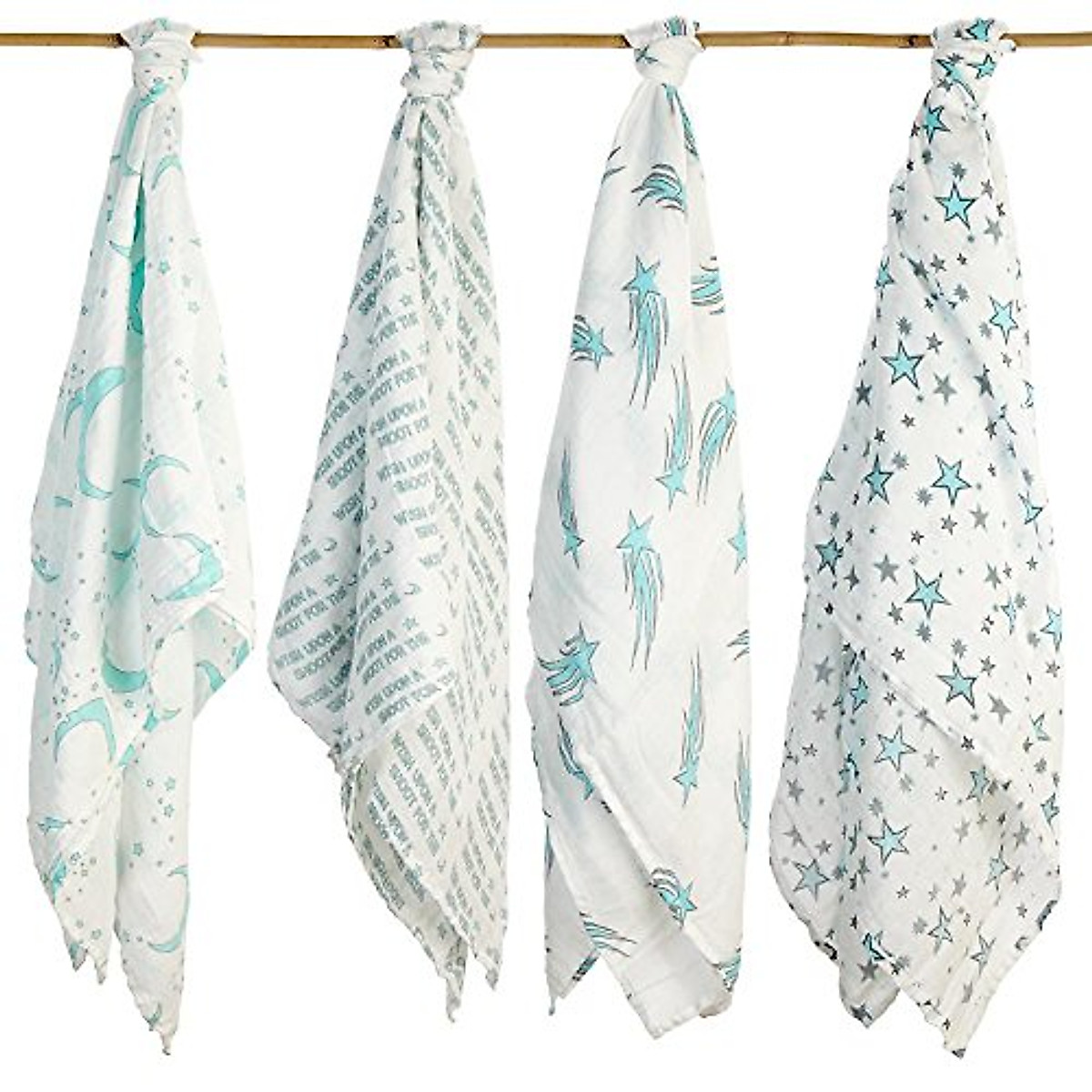 Adam & Elsa Baby Swaddling Blankets Organic Silky Soft Muslin Cotton Bamboo - Exclusive Prints - Boys & Girls Unique Gift Box - Unisex 4 Pack Oversized (Aqua Blue Wish Upon Star & Moon)