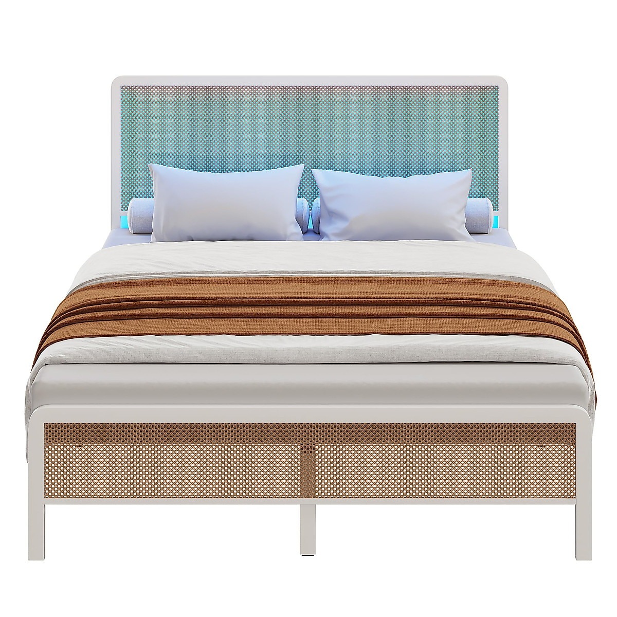 GarveeHome Queen Size White Rattan Bed Frame with LED Lights, Bed Frames with Rattan Headboard, Metal Rattan Platform with Under-Bed Storage, No Box Spring Needed, Noise Free