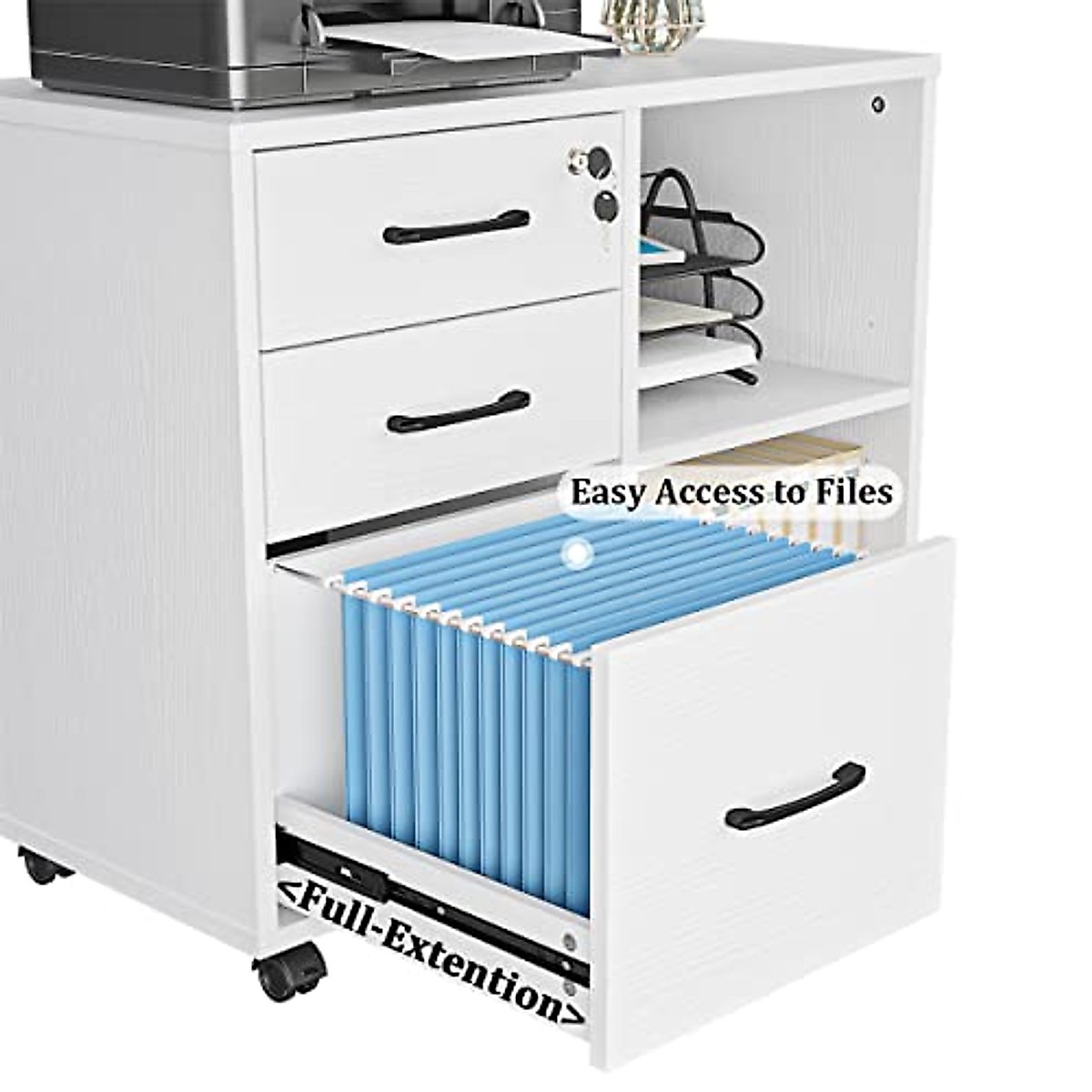 3 Drawer Office File Cabinets, Mobile Lateral Printer Stand with Open Storage Shelf, Rolling Filing Cabinet with Wheels Home Office Organization and Storage (White)