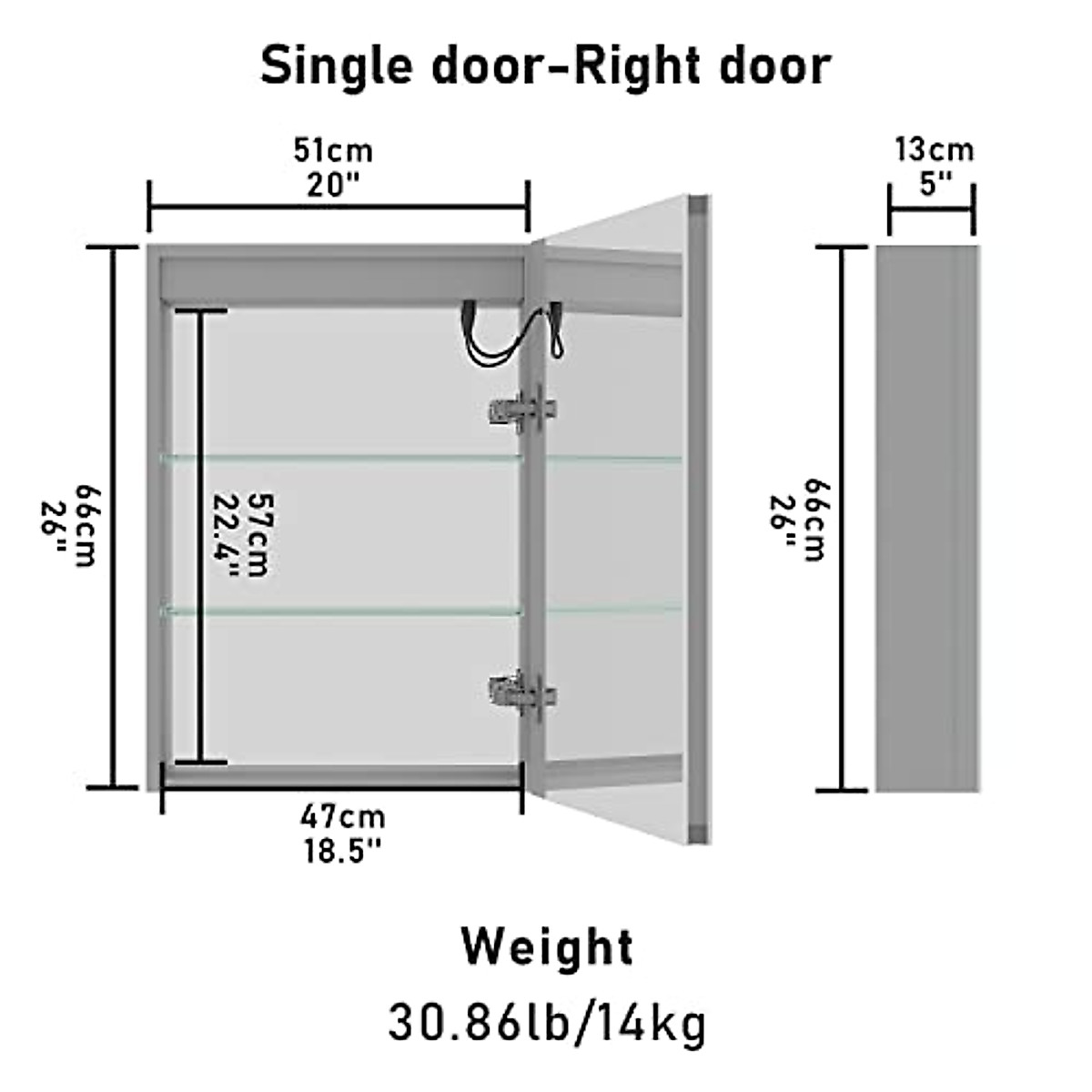 MIRPLUS 26x20 inch Bathroom Medicine Cabinet with LED Mirror, Anti-Fog, Waterproof, 6000K Single Door Lighted Bathroom Cabinet with Touch Swich, Recessed or Surface Mount (Right Door)