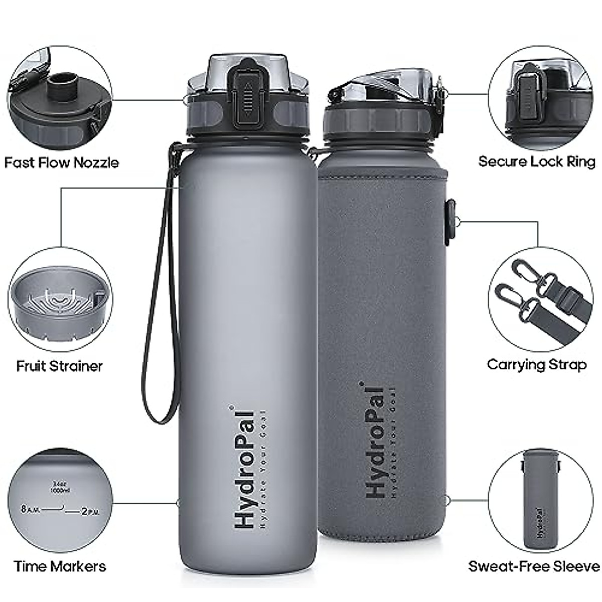Unistar Water Bottle with Time Marker -Large 34 oz Tritan Bottle & No Sweat Sleeve -Leak Proof Gym Sports Bottle with Fruit Infuser Strainer & Carrying Strap - Gift Package for Christmas