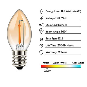 Tsunetani-C7 Edison LED Filament Mini Night Light Bulbs 0.5W Equivalent to 5 Watt Incandescent - E12 Candelabra Base 2200K Ultra Warm White for Home Decorate LED Village Bulb - 3Pack (Amber Glass)