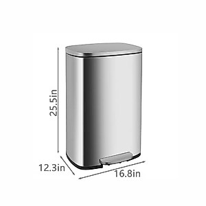 13 Gallon Trash Can, Fingerprint Proof Stainless Steel Kitchen Garbage Can with Hinged Lids & Removable Inner Bucket and Durable Pedal, Pedal Rubbish Bin for Home Office Indoor Outdoor, Silver