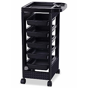 Paddie Black Salon Trolley Cart with Wheels/5 Drawers/Hair Dryer Holder/Tint Bowl Slot for Hair Stylist, Beauty Salon Equipment