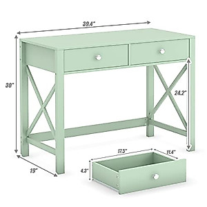 WiberWi Home Office Desk with Drawers, Small Writing Computer Desk for Bedroom, Modern Green Makeup Vanity Table Desk for Girls, Study Table for Home Office