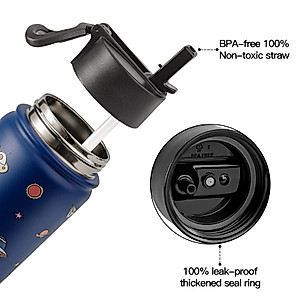 SEMOZOZO Water Bottle with Straw, Kids Water Bottle with Wide Rotating Handle Straw Lid, Wide Mouth Vacuum Insulated Stainless Steel Water Bottle for school ，The blue spaceship