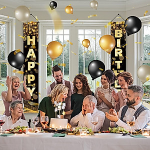 Happy Birthday Decorations Banner for Men Women Boys Girls, Black Gold Birthday Porch Sign Birthday Party Supplies Background for Birthday Party Favor Door Decorations, 72 x 12 Inch
