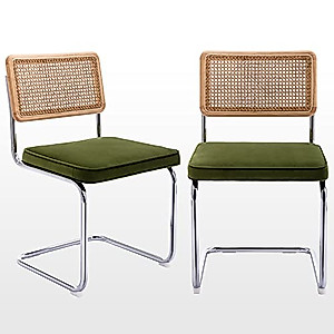 Zesthouse Mid Century Modern Dining Chairs Set of 2, Velvet Accent Chairs with Natural Cane Back & Stainless Chrome Base, Famous Breuer Designed Chairs, Upholstered Rattan Kitchen Chairs,Green