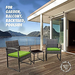 Pyramid Home Decor Black Wicker Furniture - 3 Piece Bistro Set for Outdoor Conversation - 2 Cushioned Rattan Chairs with Glass Coffee Table for Patio, Lawn, Porch, Lounge, Deck, Balcony & Living Room