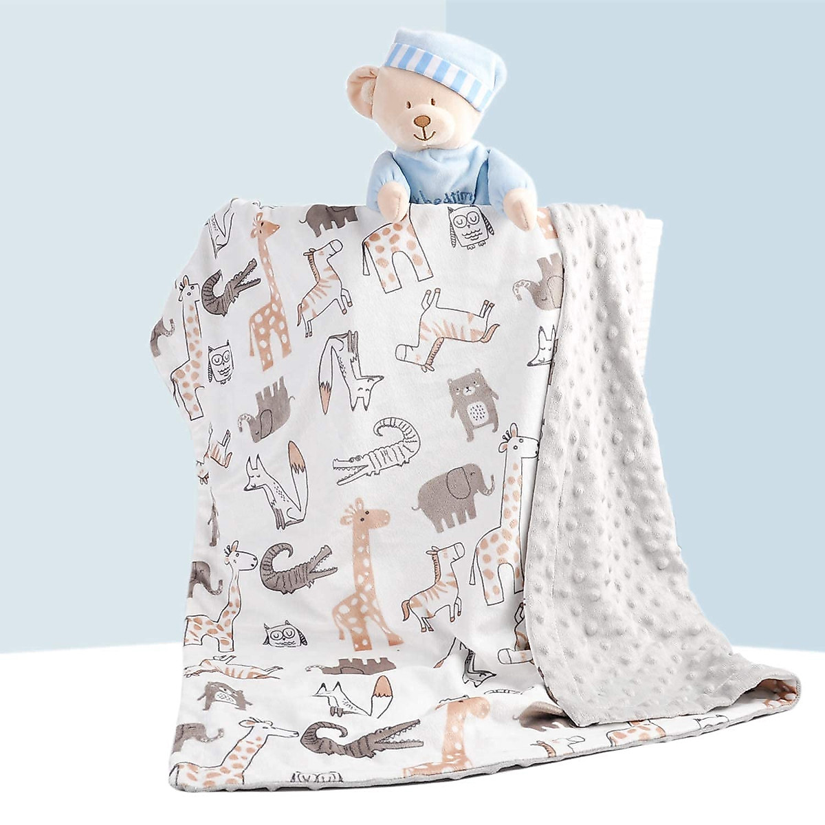BORITAR Baby Blanket + Elephant Baby Security Blanket with Lovely Animals Printed, Soft Minky with Double Layer Dotted Backing