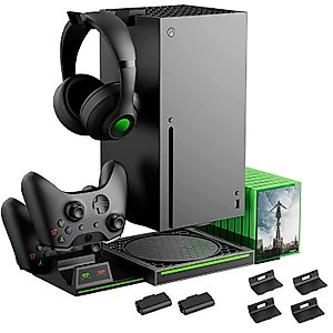 GAMFAMI Vertical Stand Compatible with Xbox Series X Console, Dual Charging Station with 2 Rechargeable Battery for Xbox Series X Controller, with 10 Game Card Slot and Headphones Holder & 4 Cover…