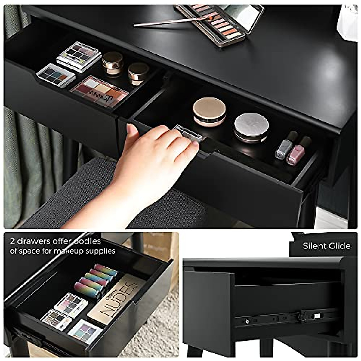 VASAGLE Vanity, Makeup Vanity Desk with Lights, Rounded Mirror, 2 Drawers, Vanity Set with Upholstered Stool, for Bathroom, Bedroom, Girls Vanity for Gift, Black URDT11BL