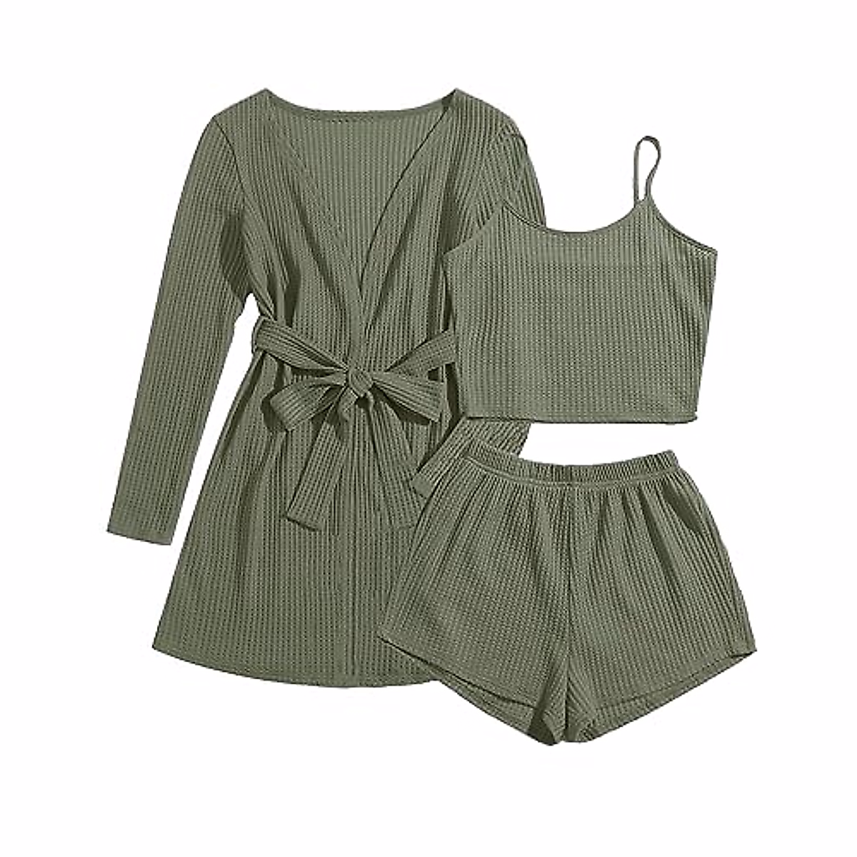 Ekouaer Womens Pajamas Set with Robe 3 Piece Loungewear Crop Cami Top and Shorts and Cardigan Solid Knit Sleepwear Sets (Army Green, XXL)
