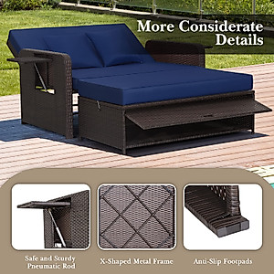 COSTWAY Patio Rattan Daybed with Cushions, Outdoor Wicker Loveseat Sofa with Storage Ottoman, 4-Level Adjustable Backrest, Bed Lounger for Yard, Balcony, Porch, Garden, Pool, Navy