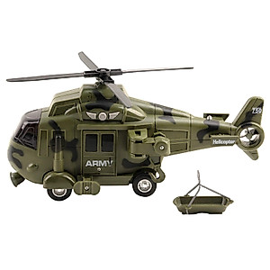 Vokodo Military Helicopter 11" With Lights Sounds Push And Go Includes Rescue Basket Durable Toy Friction Power Kids Army Soldier Chopper Pretend Play Truck Great Gift For Children Boys Girls Toddlers