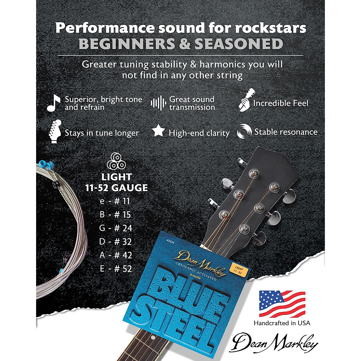 Dean Markley 2034 Blue Steel Acoustic Guitar Strings 6 String Set 11-52 Light Gauge, Cryogenically Processed Steel Guitar Strings for Longer Life, Superior Tone Performance & Tuning Stability