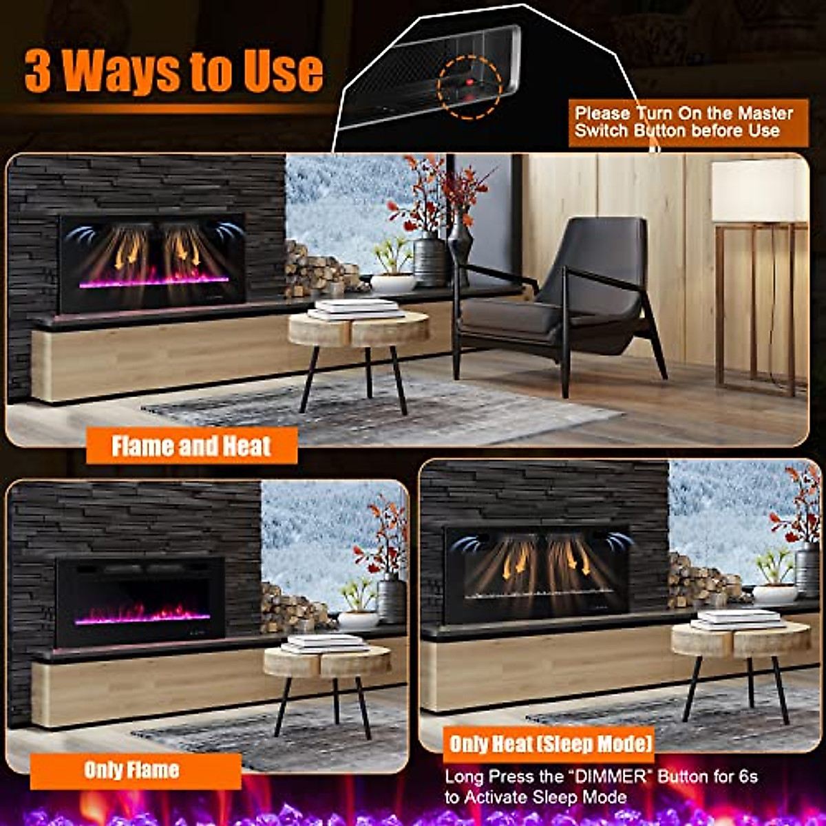 GOFLAME 50 Inch Electric Fireplace, Recessed & Wall-Mounted Fireplace Heater with Touch Panel, APP Control, Remote Control, 12H Timer, Adjustable Flame Color and Brightness, Overheat Protection
