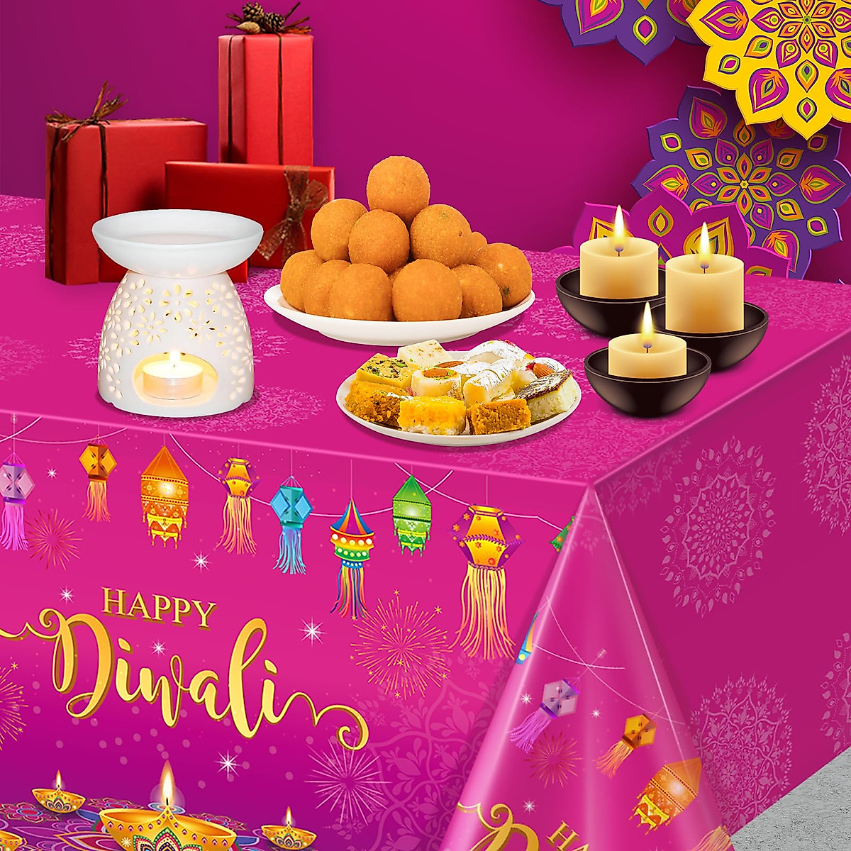 3 Pack Happy Diwali Disposable Tablecloth, Festival of Lights Plastic Table Cover for Rectangle Tables, Diwali Table Cloth for Indian Diwali Light Celebration Party Supplies Decorations, 54×108 Inch