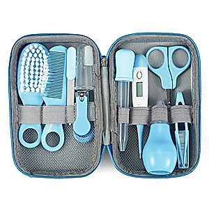 PandaEar Baby Healthcare and Grooming Kit, Baby Safety Set Baby Comb, Brush, Finger Toothbrush, Nail Clippers, Scissors, Nasal Aspirator, Baby Essentials Nursery Care Kit (Blue)