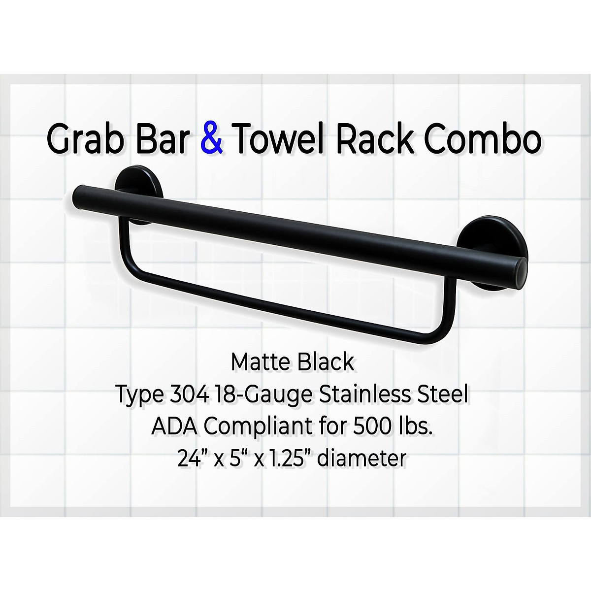 Bathroom Grab Bar Towel Rack for Bathtub Shower Kitchen/304 Stainless Steel/Matte Black/ 24" x 5"