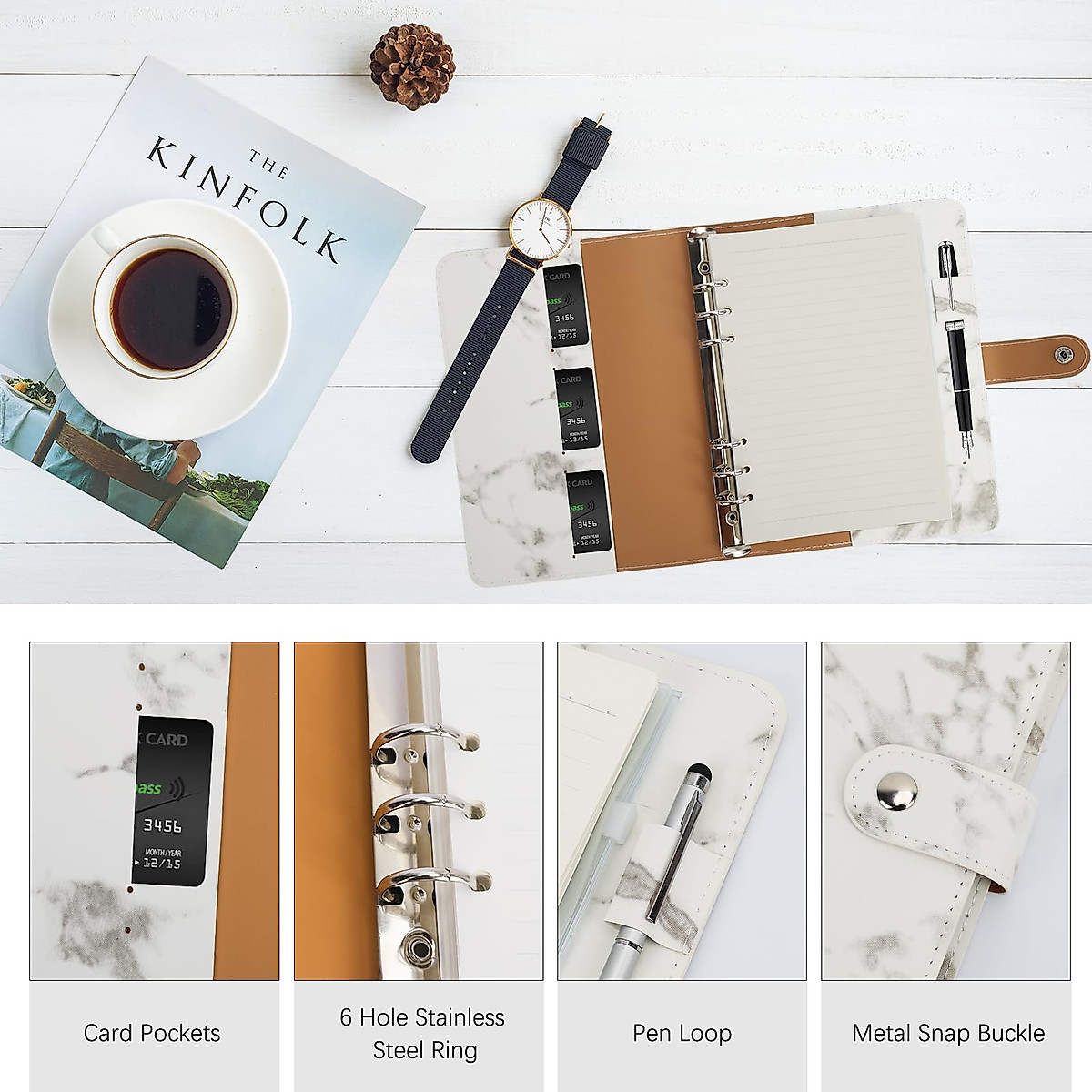 Colorlife A5 PU Leather Binder 6-Ring Notebook Binder with Refill Paper and Magnetic Buckle for 6 Hole A5 Filler Paper-Marbling White