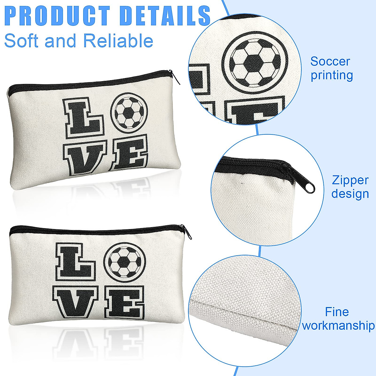 12 Pieces Soccer Makeup Bag Cosmetic Bag with Words Soccer Travel Storage Bags Portable Storage Case Toiletry Bag Accessories with Zippers for Soccer Players Teams Women Girls (White Soccer Style)