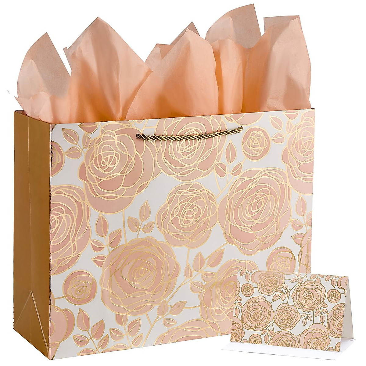 SUNCOLOR 13" Rose Gold Large Gift Bag with Card and Tissue Paper