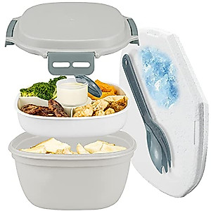 Bokzen Freezer Bento Box, Salad Lunch Containers with Built-In Ice Pack & Fork for Food Freshness, 1.2L 4-Compartment Leakproof Chill Bento Lunch Box for Adults