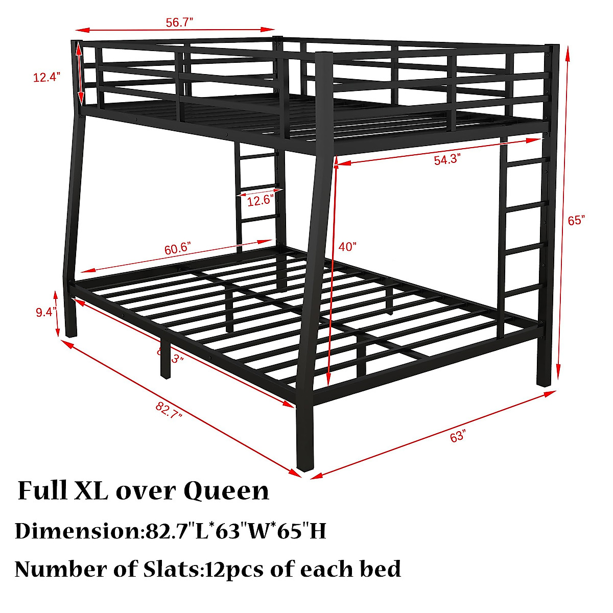 Bellemave Full XL Over Queen Metal Bunk Bed for Adults,Heavy-Duty Bunk Bed with 2 Ladders,Full Over Queen Bunk Beds,Space-Saving Bunk Bed for Kids/Teens/Adults,Noise-Free,Black