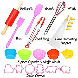 Shacoryze Kids Cooking and Baking Set 40 Pcs with Gift Box, Real Kitchen Utensils Kit for Children Toddlers Teens, Gift for Girls&Boys, Nonstick Rolling Pin Silicone Pastry Mat Cupcake Molds