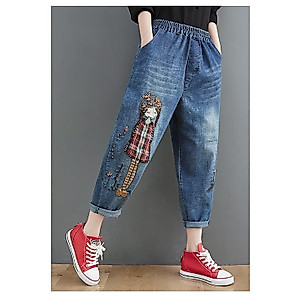 LAI MENG FIVE CATS Women Loose Jeans Denim Harem Pants with Elastic Waist with Pocket