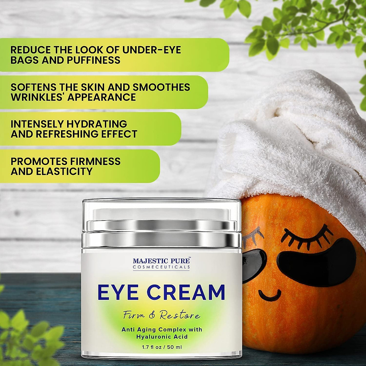 Majestic Pure Under Eye Cream with Hyaluronic Acid - Anti Aging & Firming - Reduces Appearance of Dark Circles, Puffiness, Eye Bags & Crow’s Feet - Youthful & Bright Appearance - Men and Women - 50ml