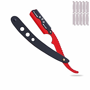 Black Red Barber Staright Edge Salon Hair Cut Razor 100% Stainless Steel with 10 Blades by "FLAME STAR"