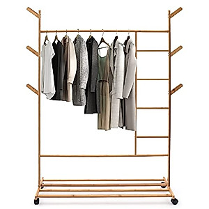 43.3" Bamboo Clothing Garment Rack, Clothes Coat Hanger w/6 Side Hooks Combo, Free Standing Closet Organizer Rack Entryway Bedroom Storage Shelves Clothes Hanging Rack With 360°Rotation Roller Wheels