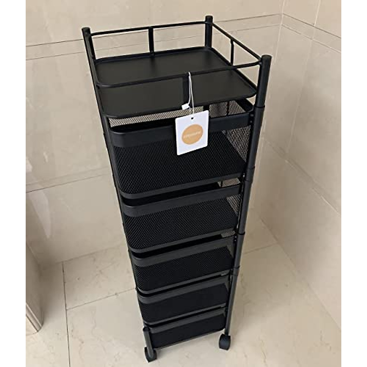 xinyourui Rotating Kitchen Storage Shelves Rack，Bathroom Organizer Metal Shelf，Fruit Basket for Kitchen，Rolling Cart with Wheels，Spice Drawer Organizer(Black, 5 Tier-Square)